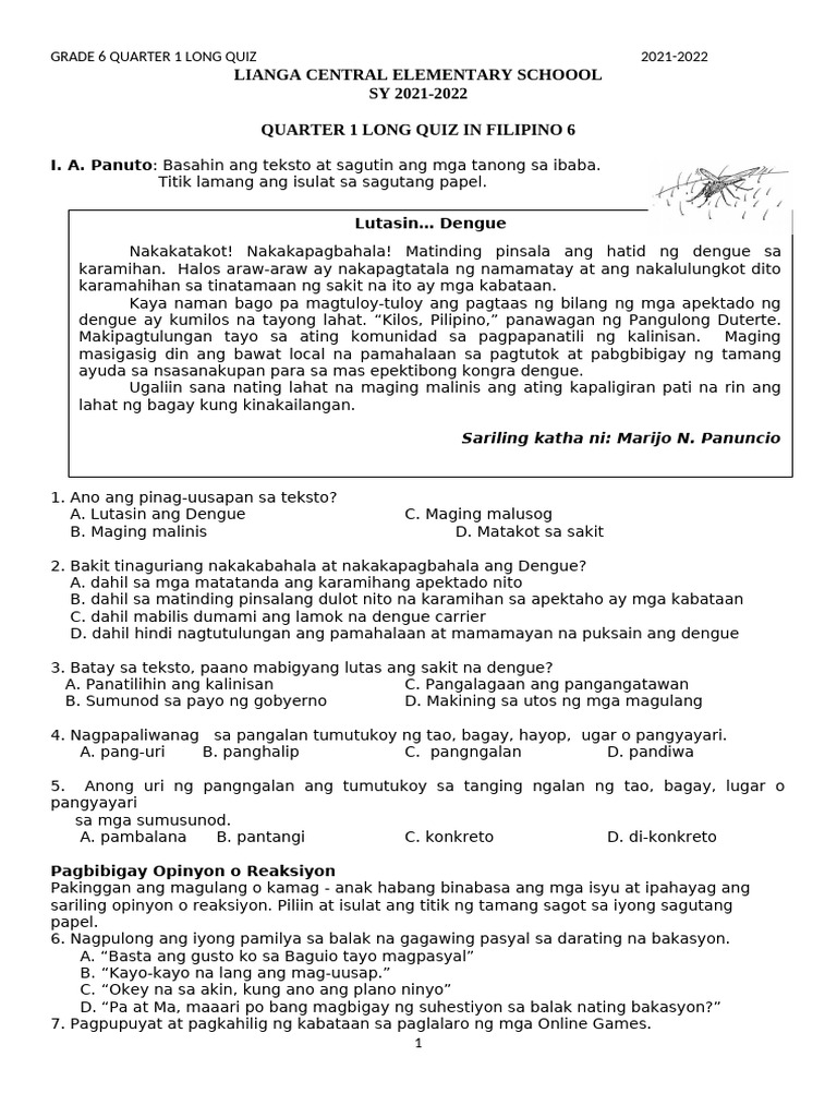 G6 Q1 Long Quiz All Subjects 15 Clear October 24 | PDF