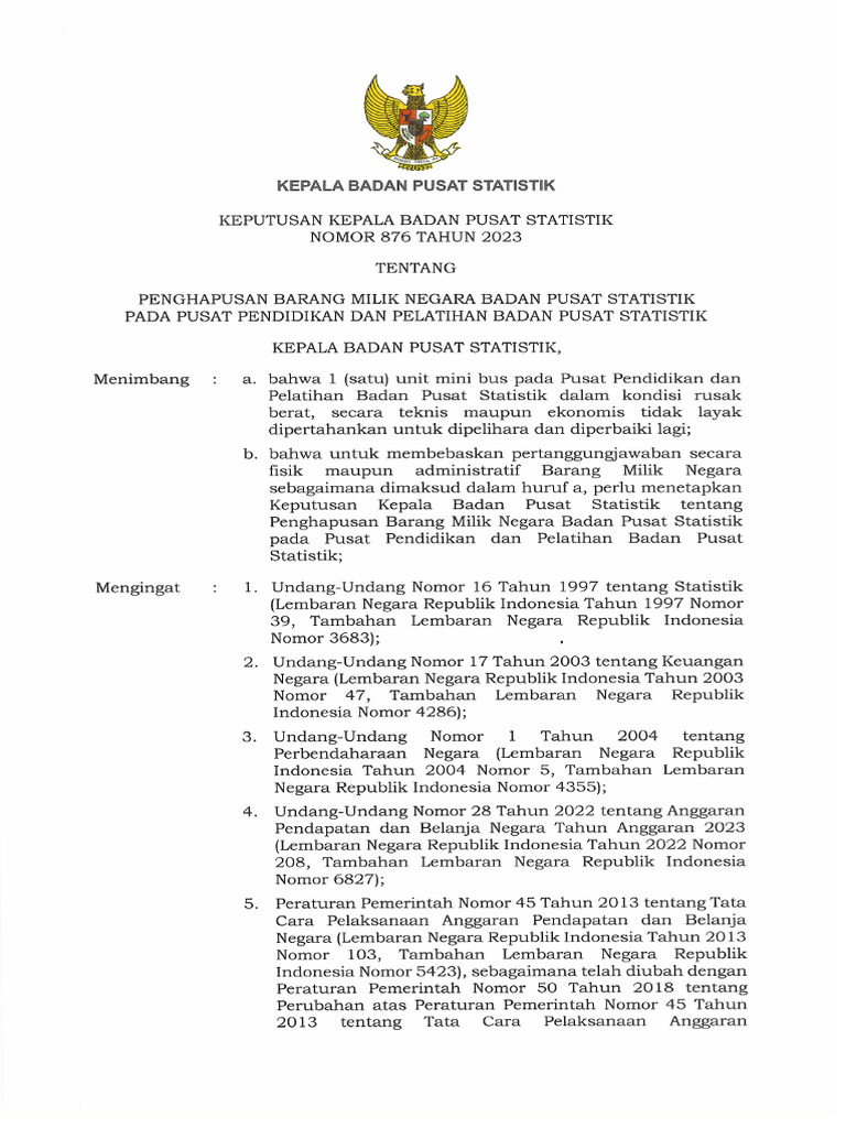 SK Penghapusan BMN Nomor 876 Tahun 2023 Pusdiklat BPS (21 Desember 2023) | PDF