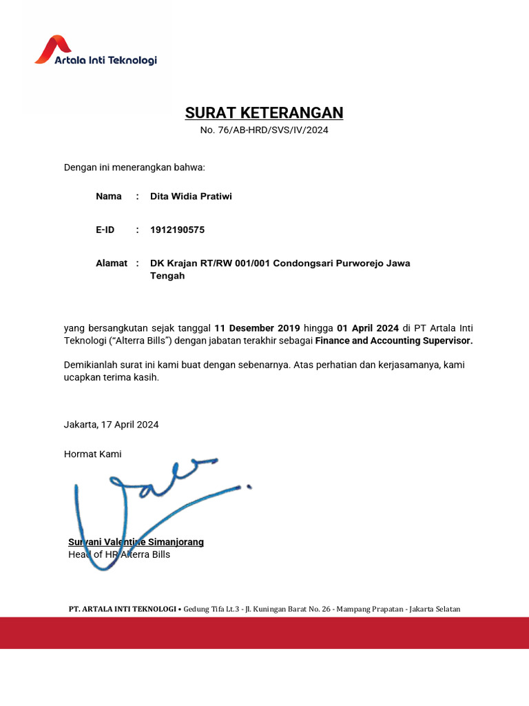 Surat Paklaring - Dita Widia Pratiwi (1) - 1 | PDF | Bisnis