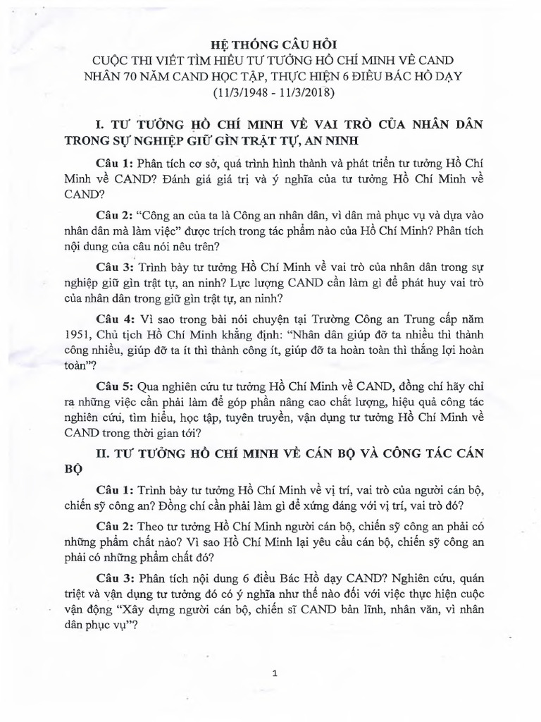 hệ thống câu hỏi và đề cương cuộc thi viết tìm hiểu tư tưởng Hồ Chí Minh về CAND | PDF