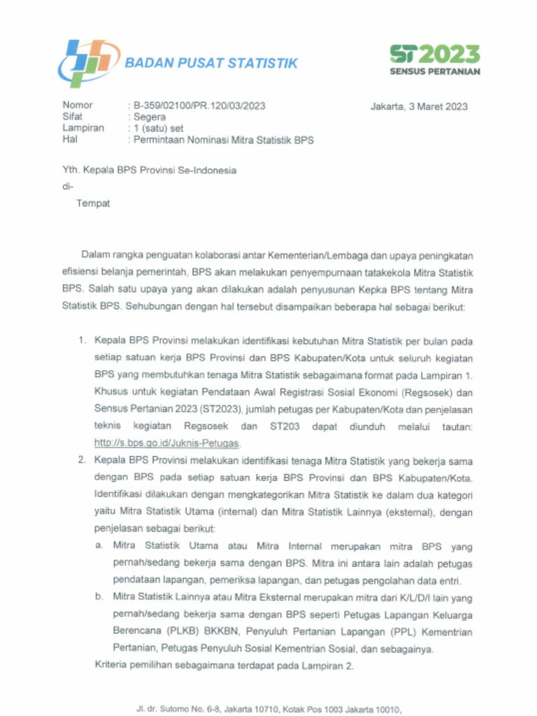 B-359 Surat Permintaan Nominasi Mitra Statistik BPS (Ok) | PDF