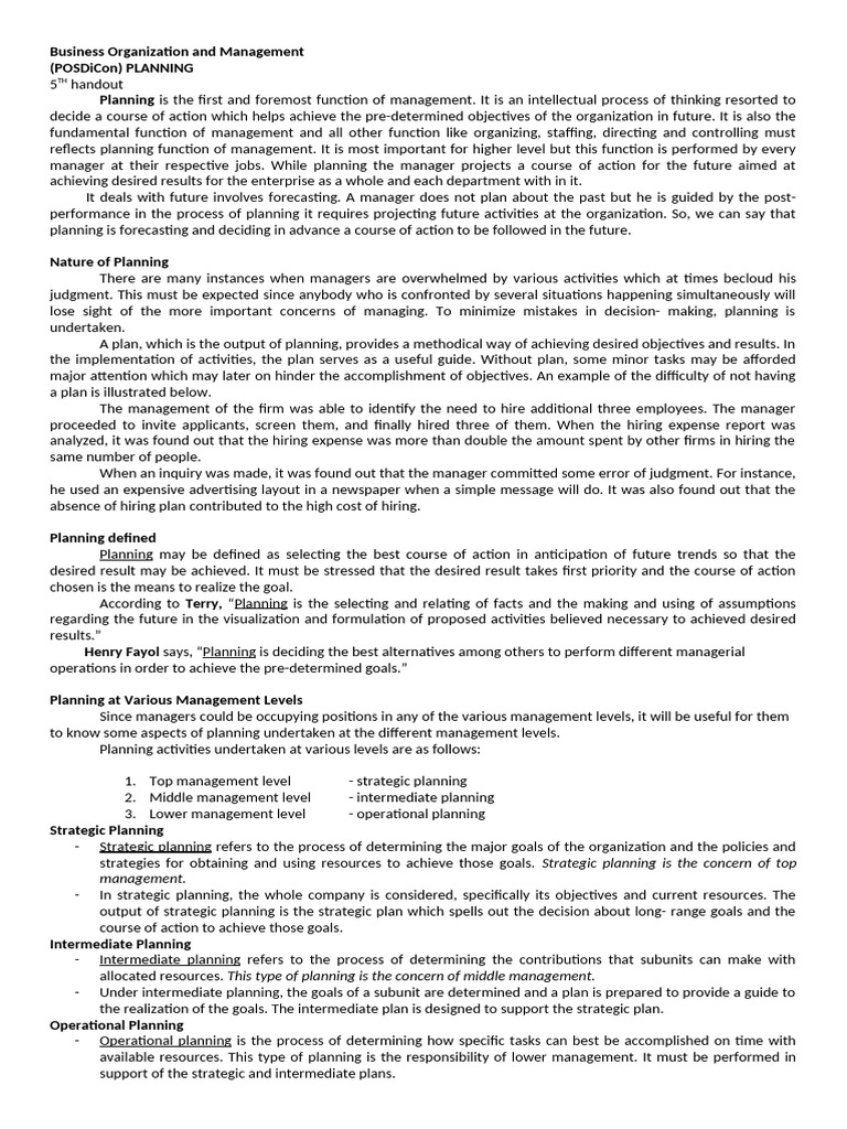 5th Handout | PDF | Strategic Planning | Goal