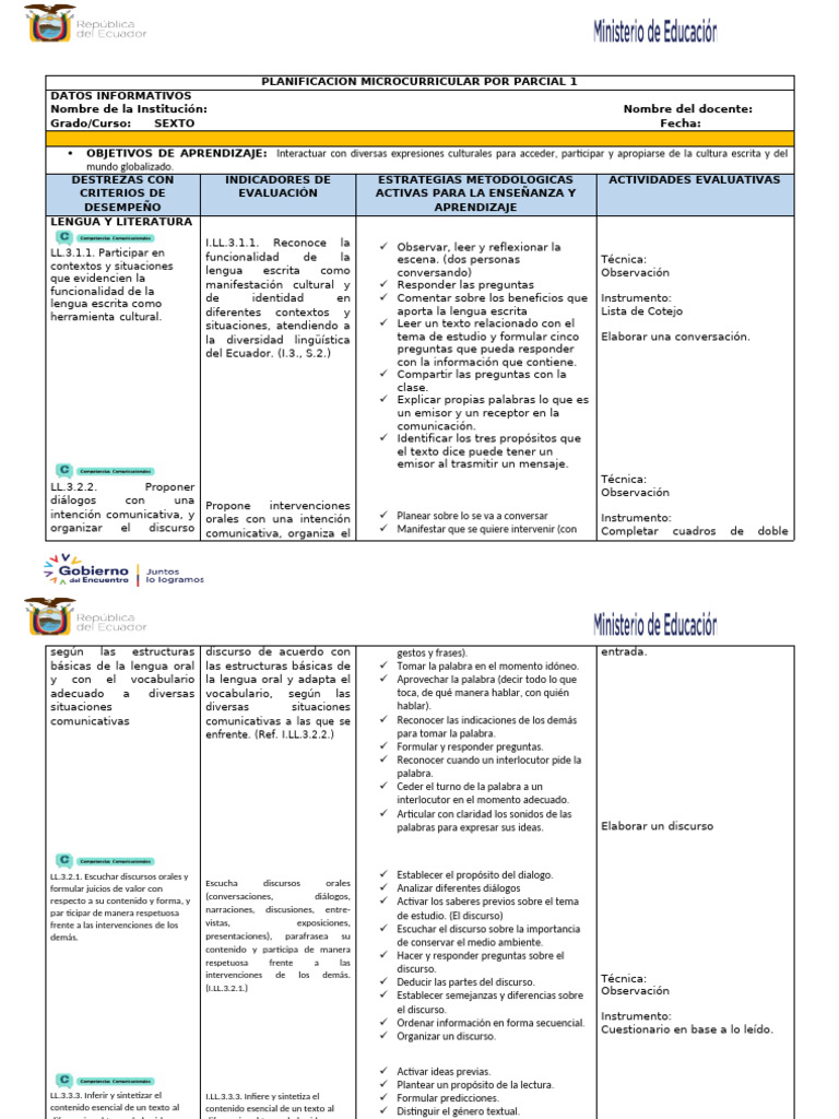 PLANIFICACION MICROCURRICULAR CCON COMPETENCIAS 6° GRADO | PDF ...