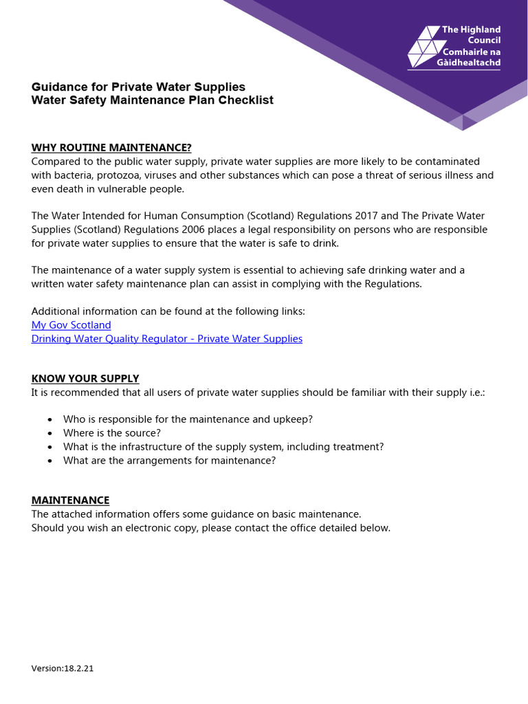 Water Maintenance Checklist | PDF | Water | Drinking Water