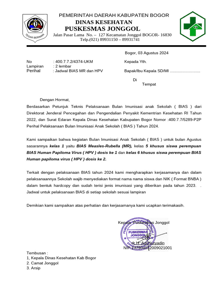 Surat Pemberitahuan Jadwal Bias MR Dan HPV 2024 | PDF Surat Pemberitahuan Jadwal Bias MR Dan HPV 2024 | PDF