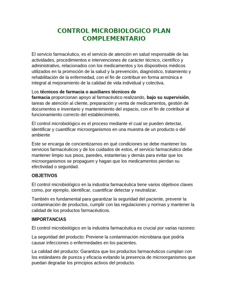 Control Microbiologico Plan Complementario | PDF | Epidemiología | Farmacéutico