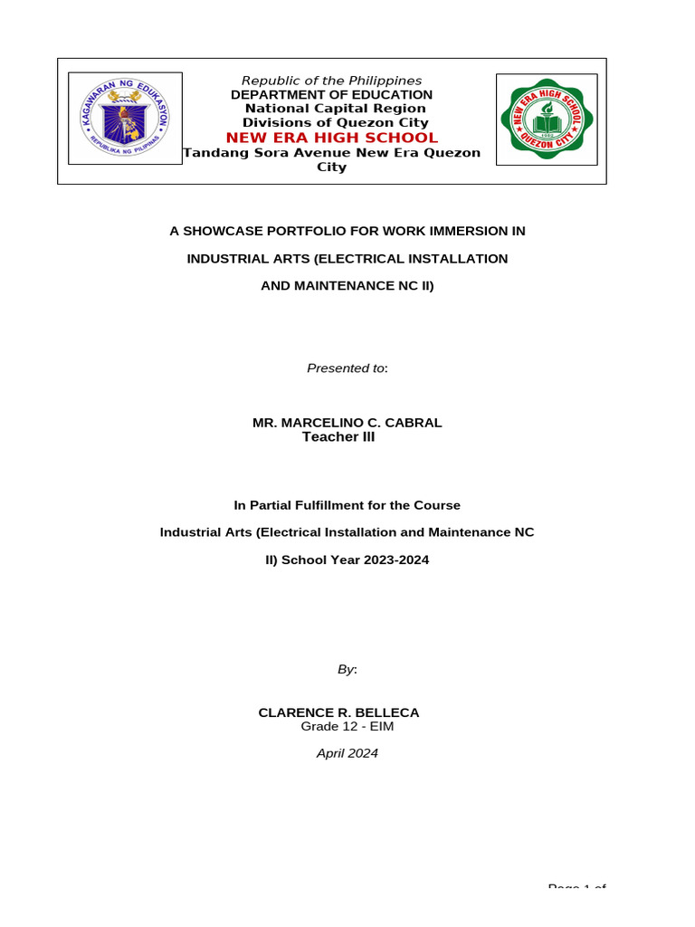 Portfolio-Sample-for-EIM-12-work-immersion | PDF | Electrical Wiring ...