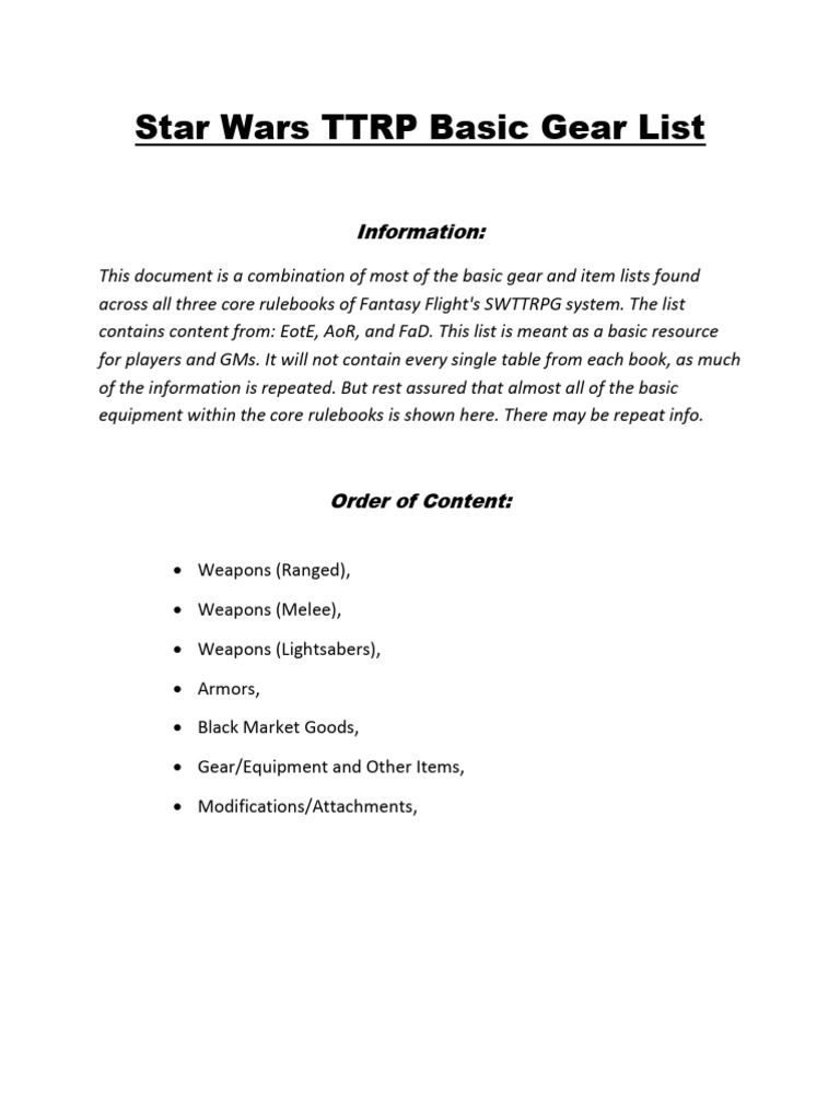 Star Wars TTRPG Basic Gear Overview | PDF