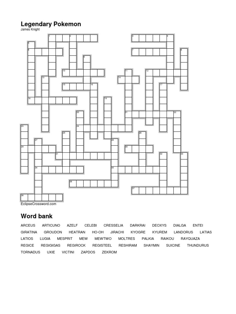 Legendary Pokemon Crossword | PDF | Science & Mathematics | Young Adult