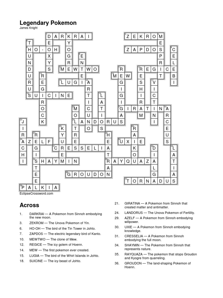 Legendary Pokemon Crossword (Answer Key) | PDF | Video Game Companies ...