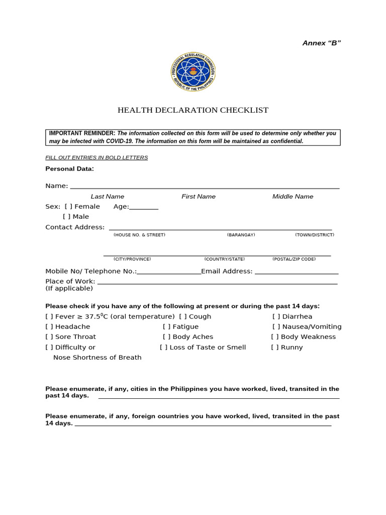 Annex B (Health Declaration Checklist) | PDF | Clinical Medicine ...