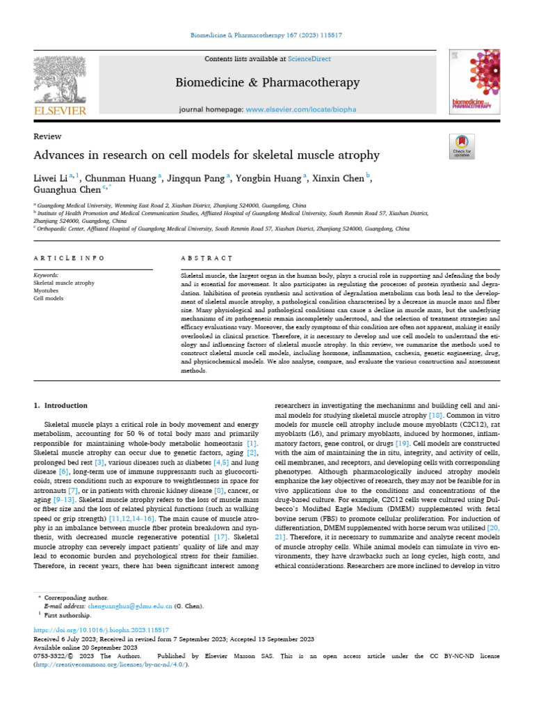 Advances in Research On Cell Models For Skeletal Muscle Atrophy | PDF ...