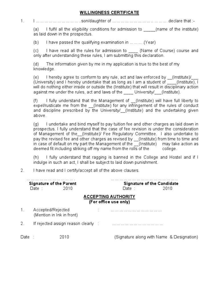 Willingness Certificate | PDF