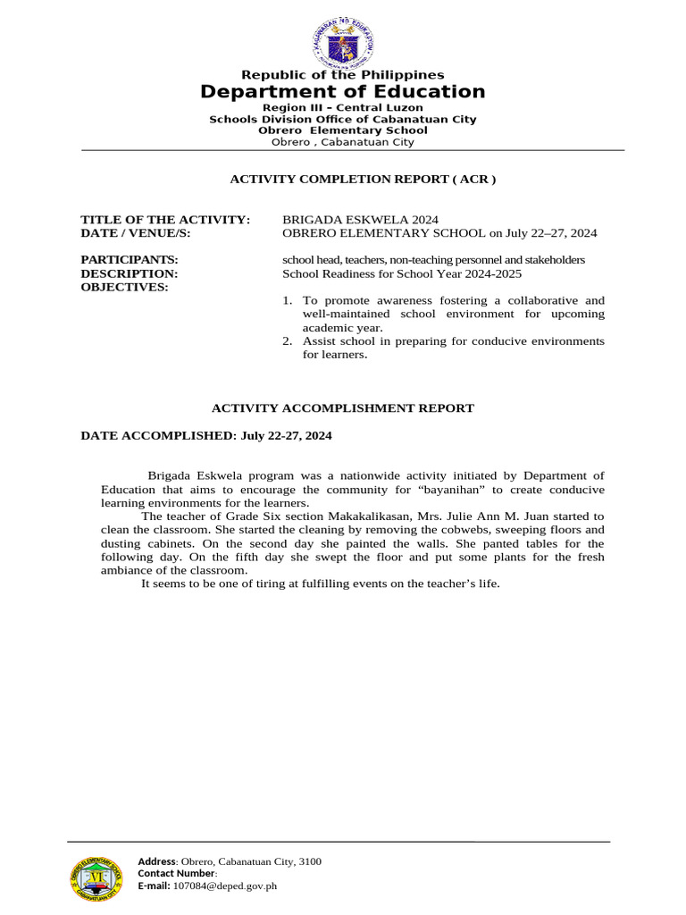 Brigada Eskwela 2024 Completion Report | PDF | Teaching | Cognition