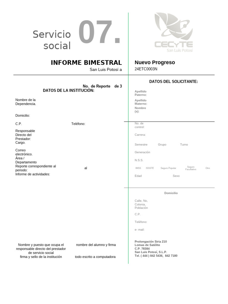 Formato Informe Bimestral y Liberacion S.S | PDF