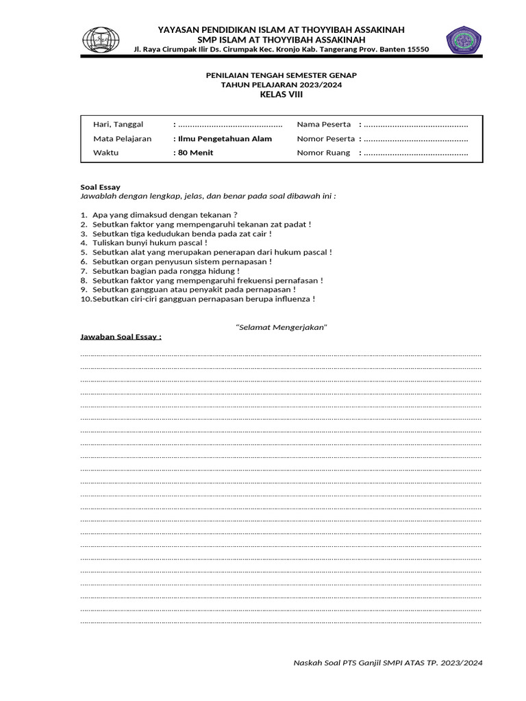 Soal PTS Genap SMP Kls. 8 | PDF