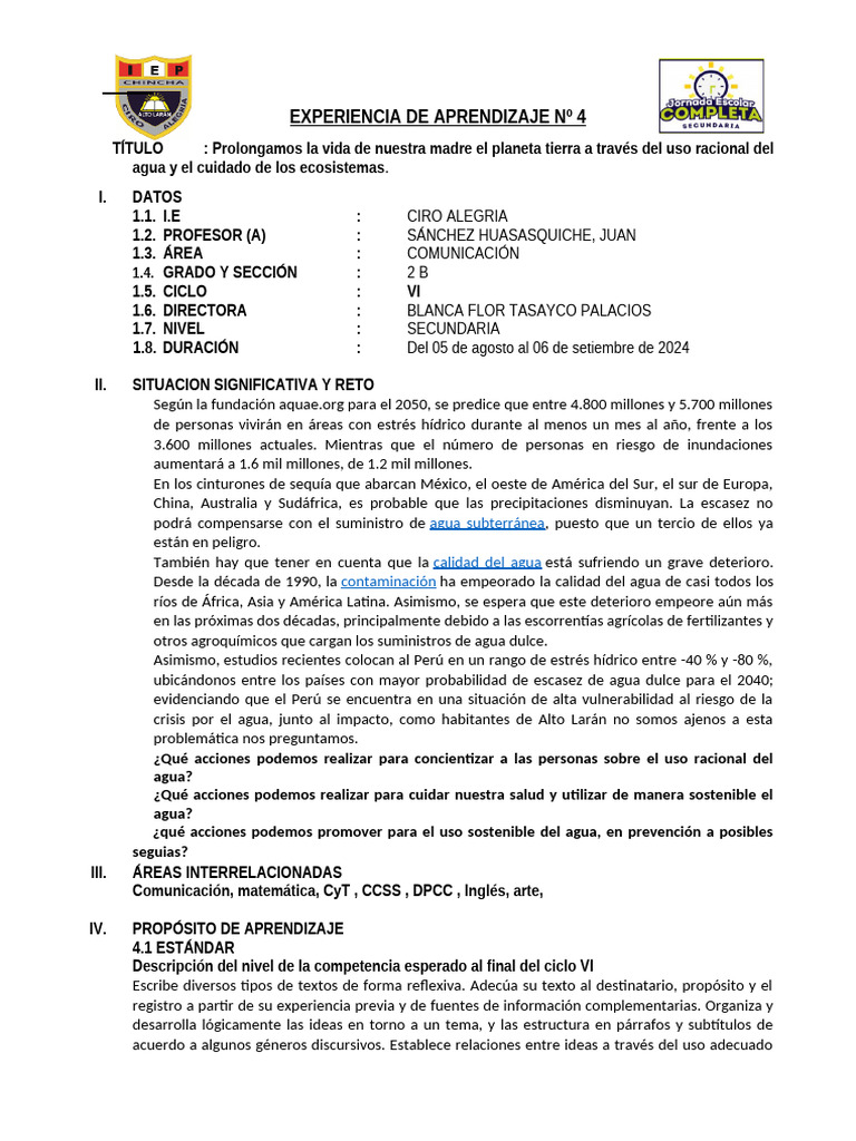 Eda 4 2024 2° Grado | PDF | Aprendizaje | Agua