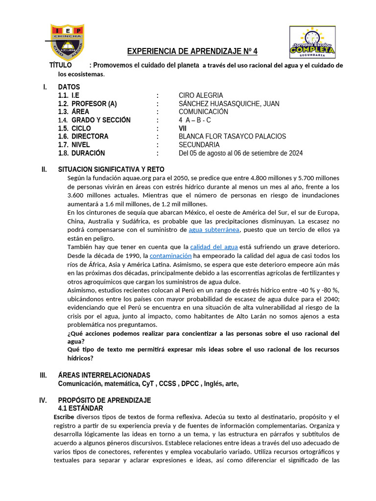 EDA 4 - 2024 4 GRADO | PDF | Agua | Aprendizaje