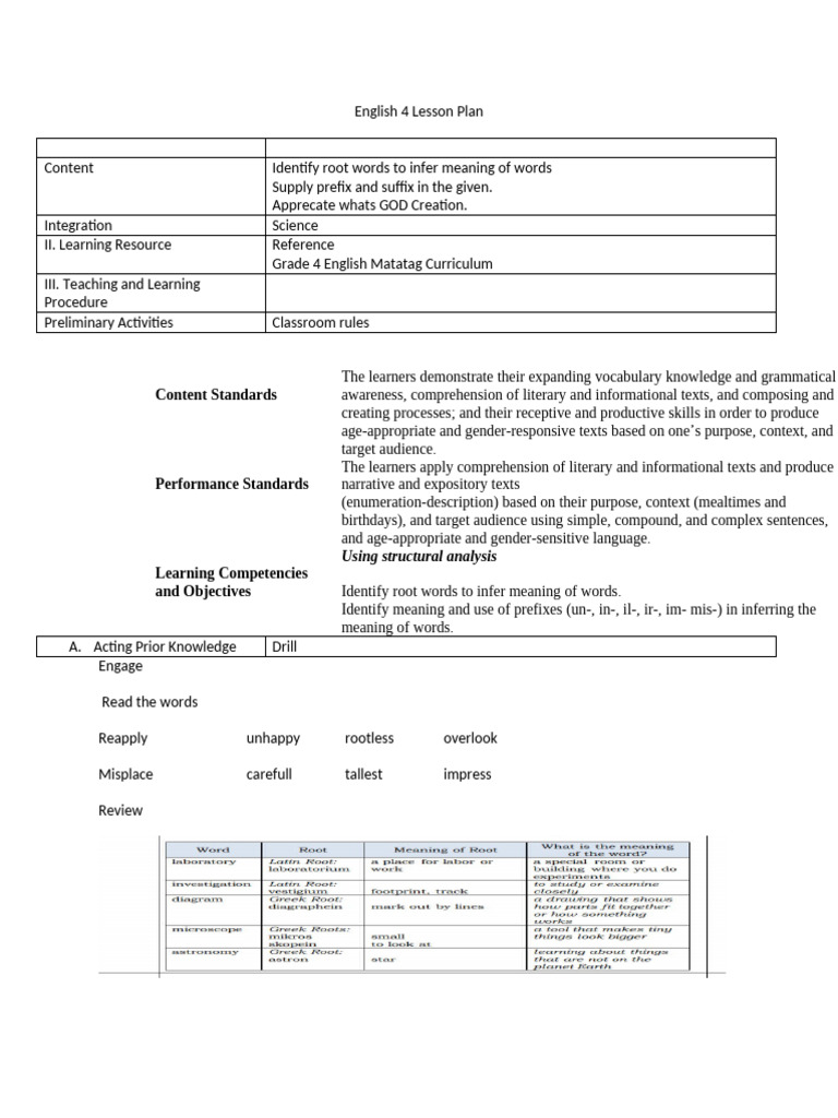 English-4-Lesson-Plan | PDF | Reading Comprehension | Word