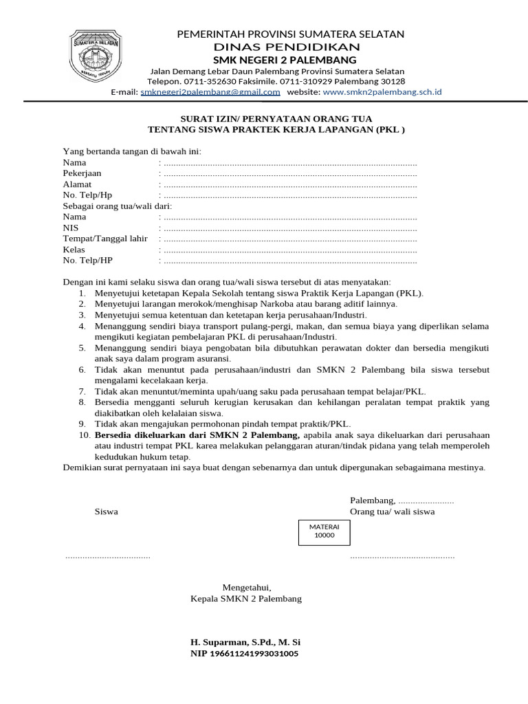 SURAT PERNYATAAN PKL (Ortu Dan Siswa) | PDF