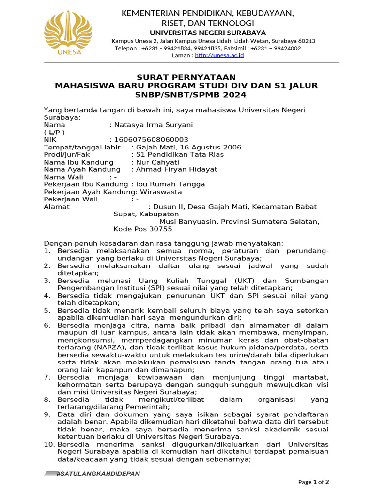Surat Pernyataan Lulus SNBT | PDF