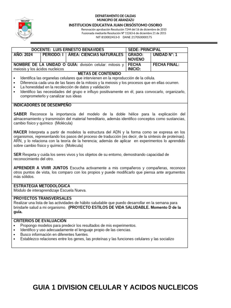 Guia 1 Tipos de División Celular Noveno | PDF | Mitosis | Mitosis