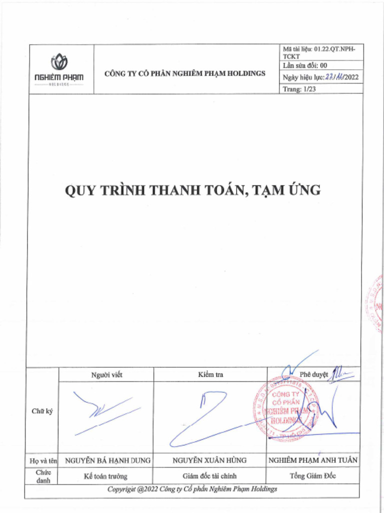01.22.QT - NPH-TCKT Quy Trinh Thanh Toan Tam Ung | PDF