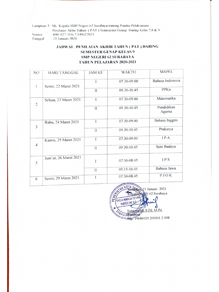 Jadwal Pat Kls 9 Semester Genap 2021 | PDF