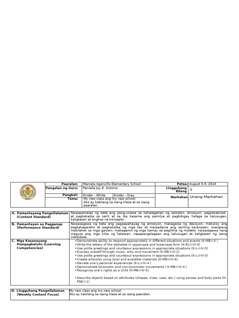 Week2 Matatag LP Exemplar | PDF