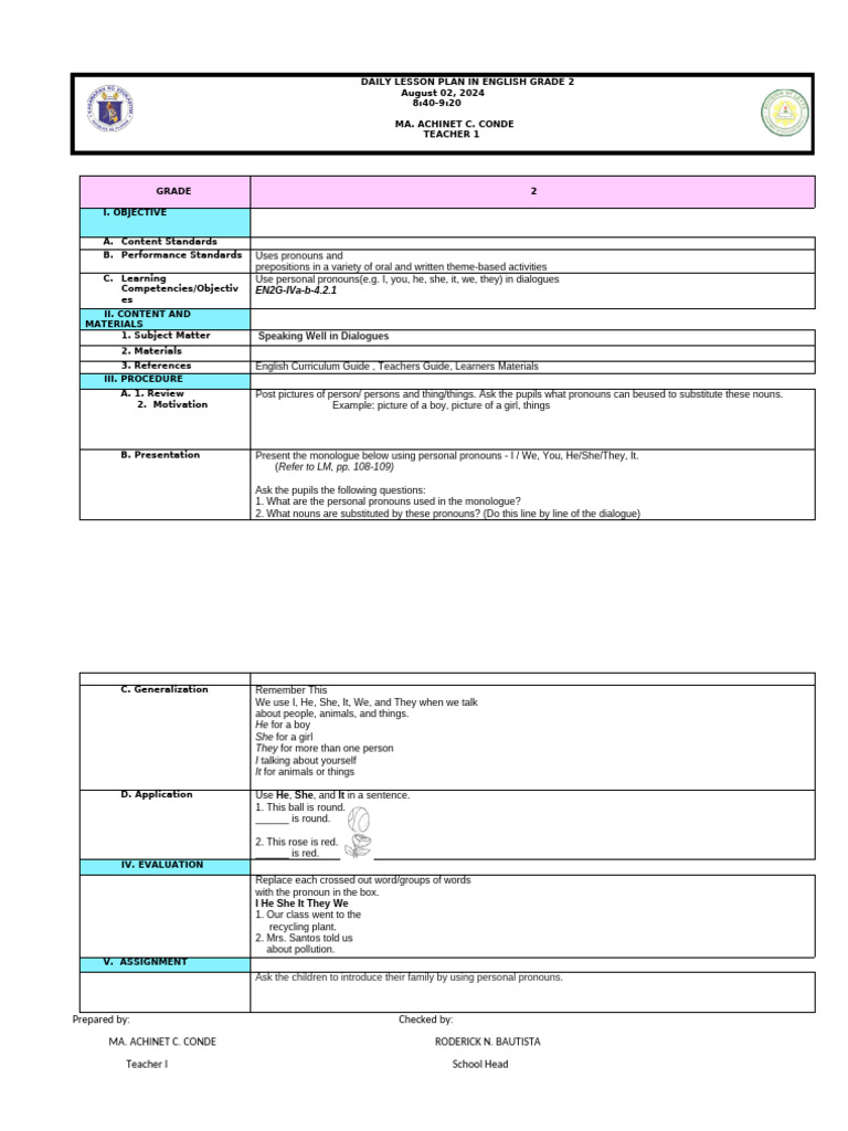 English DLP | PDF | Pronoun | Lesson Plan