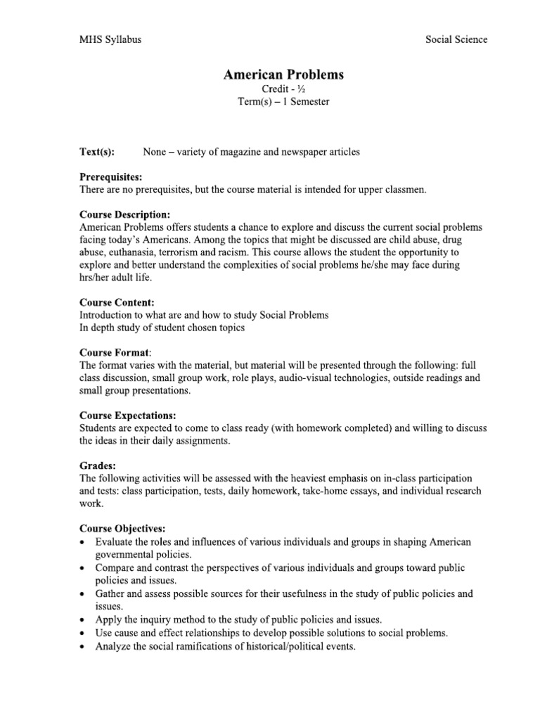 American Social Problems - MHS Syllabus | PDF