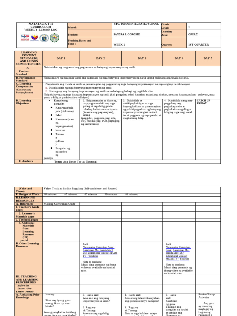Quarter 1 Week1 DLP Grade 1 | PDF