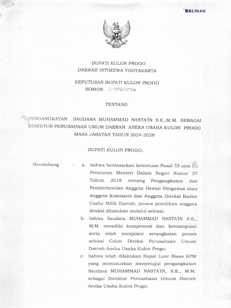 SK Pengangkatan M Nastain 2024-2028 | PDF