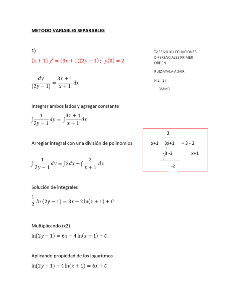 TAREA 0101 Variables Separables | PDF | Objetos matemáticos | Análisis matemático