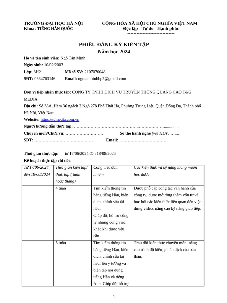 Phieu Dang Ky Kien Tap - Minh | PDF