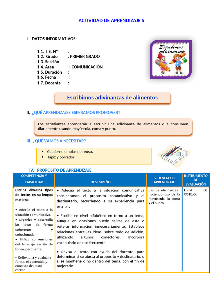 D3 A2 SESION COM. Escribimos Adivinanzas de Alimentos | PDF | Evaluación