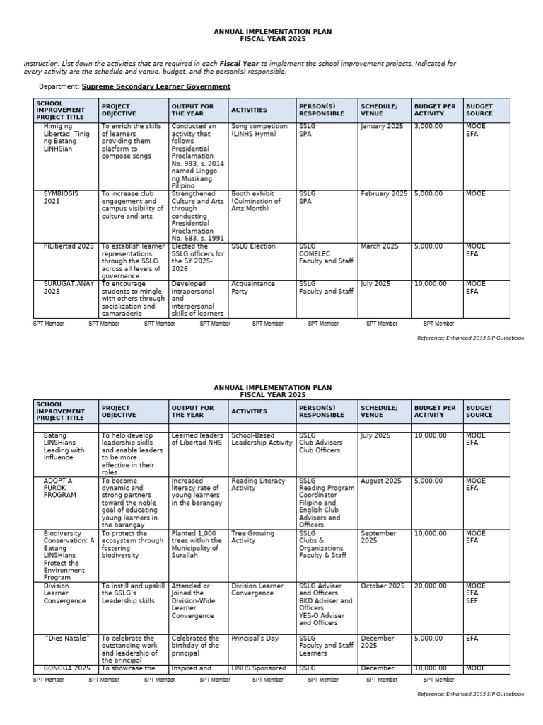 SSLG Annual Implementation Plan 2025 | PDF | Behavior Modification ...