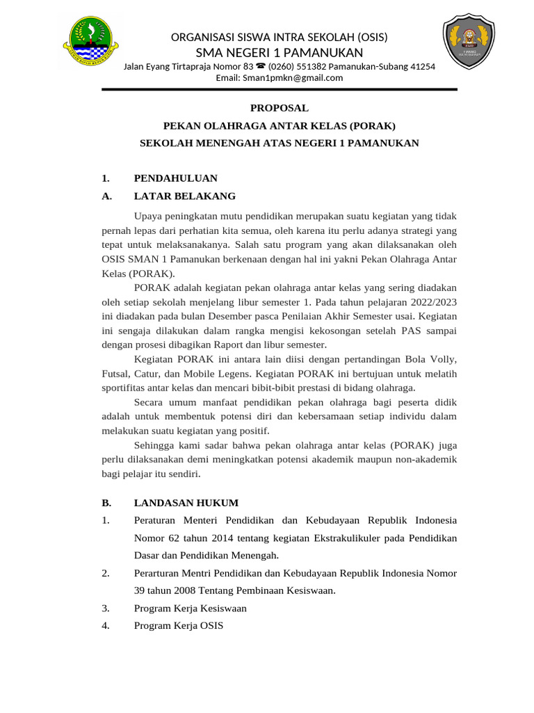 Proposal Pekan Olahraga Antar Kelas SMAN 1 | PDF