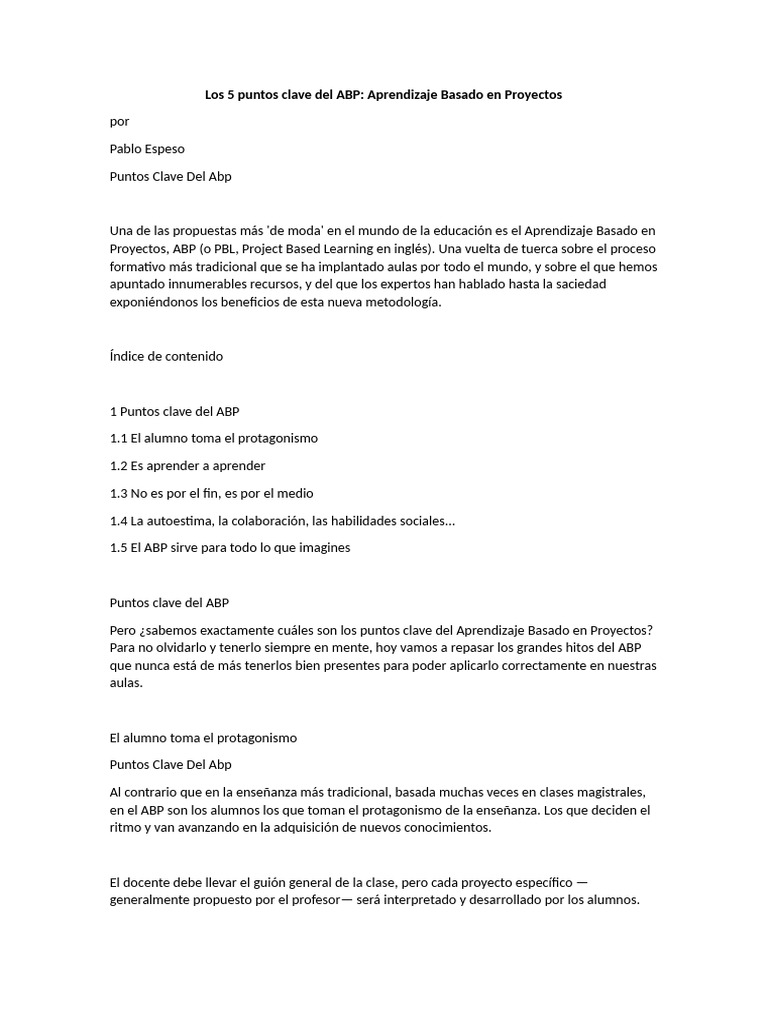 Los 5 puntos clave del ABP | PDF | Enseñando | Aprendizaje Los 5 puntos clave del ABP | PDF | Enseñando | Aprendizaje