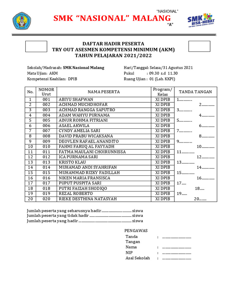 Daftar Hadir Peserta Tryout Akm | PDF