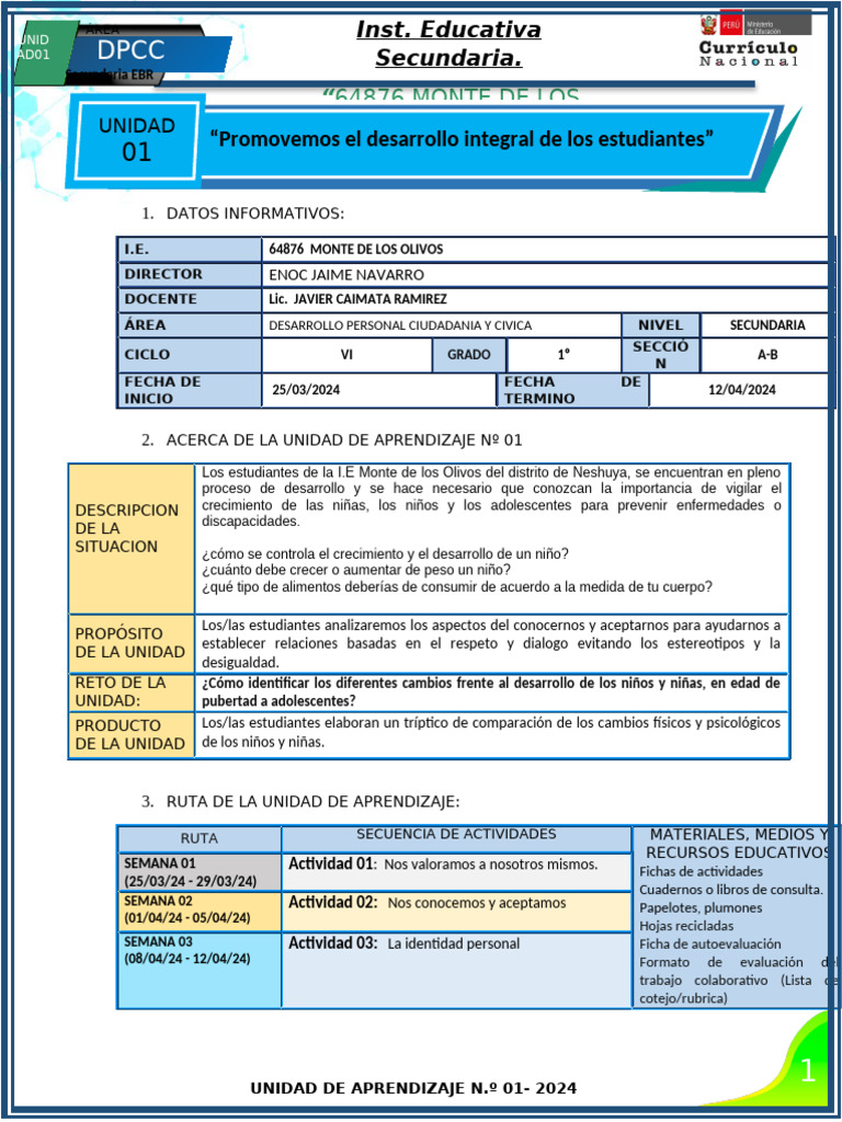 1º DPCC - Und.1 - 2024 | PDF | Aprendizaje | Evaluación