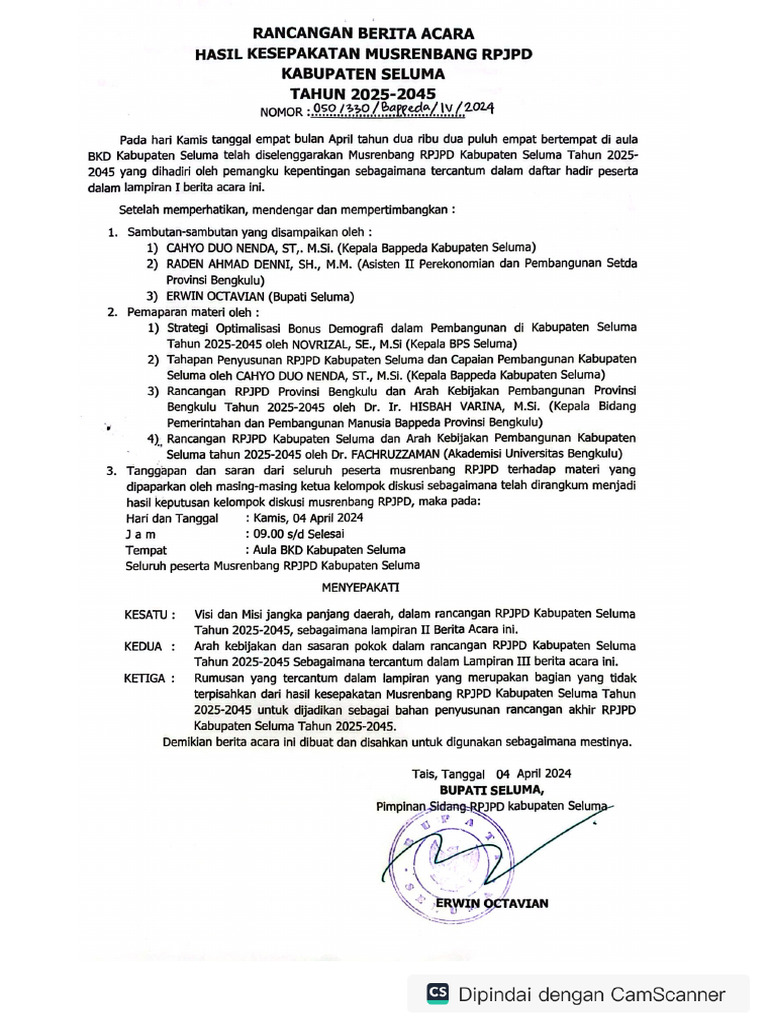 BA Hasil Kesepakatan Musrenbang RPJPD Ta | PDF