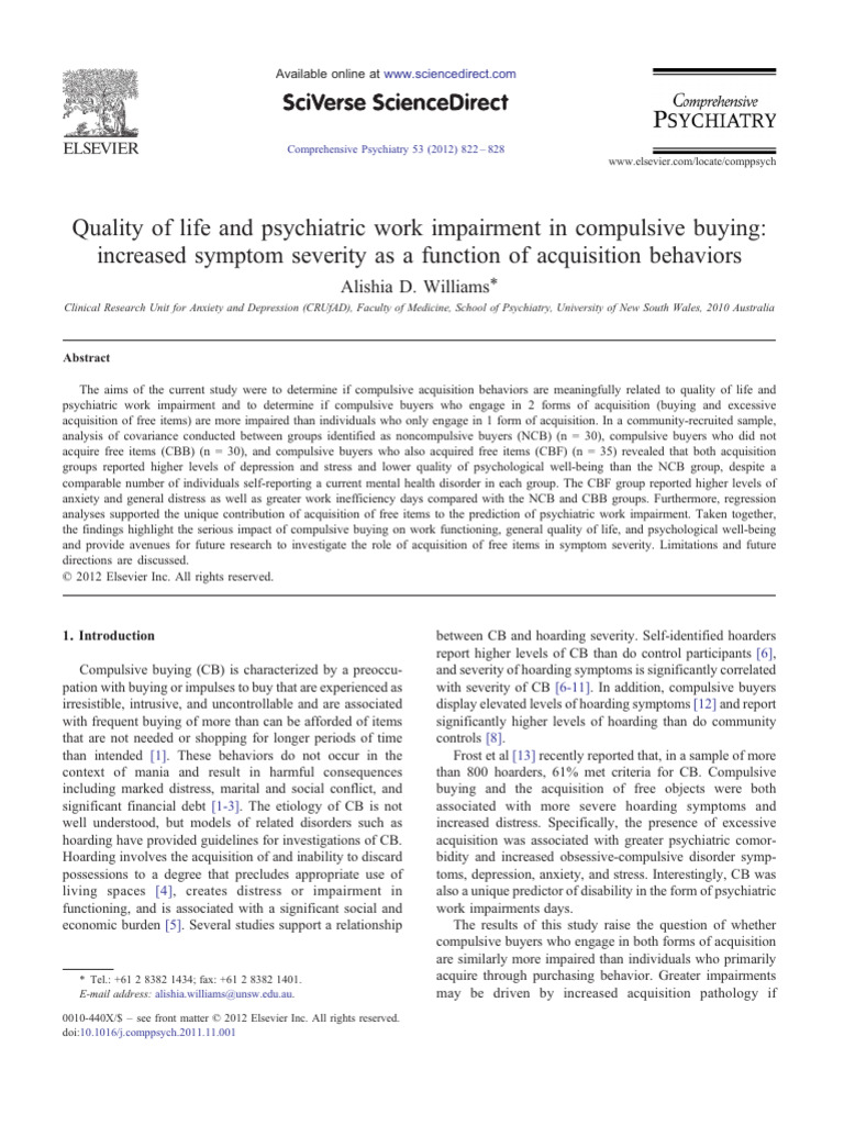 Quality of Life and Psychiatric Work Impairment in Compulsive Buying ...