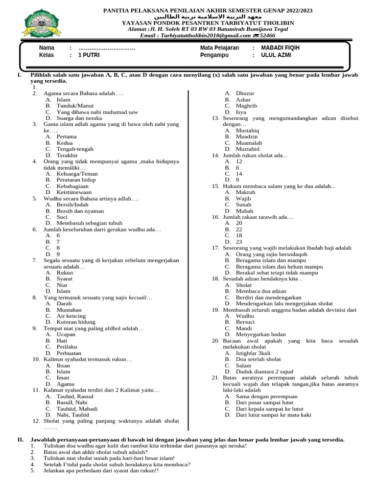 Kop Soal Pas Kelas 1 | PDF