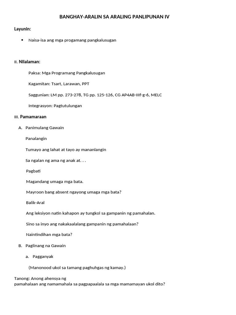 Lesson Plan Aral Pan Iv | PDF
