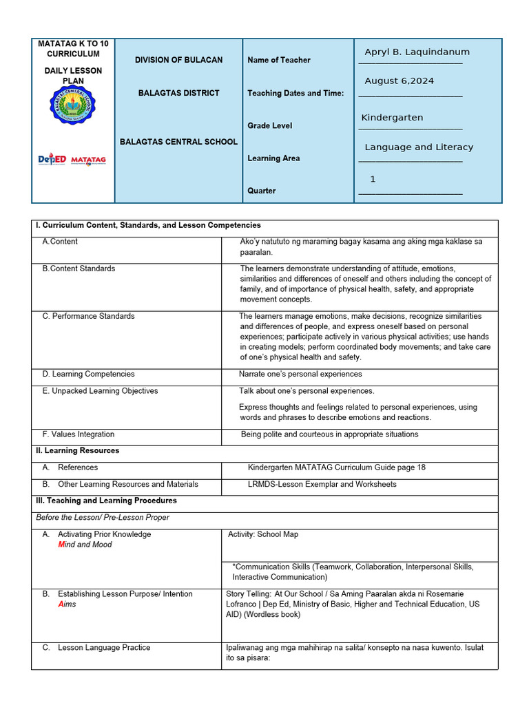 MATATAG DAILY LESSON PLAN Day 2 Week2 Q1 | PDF | Learning | Educational ...