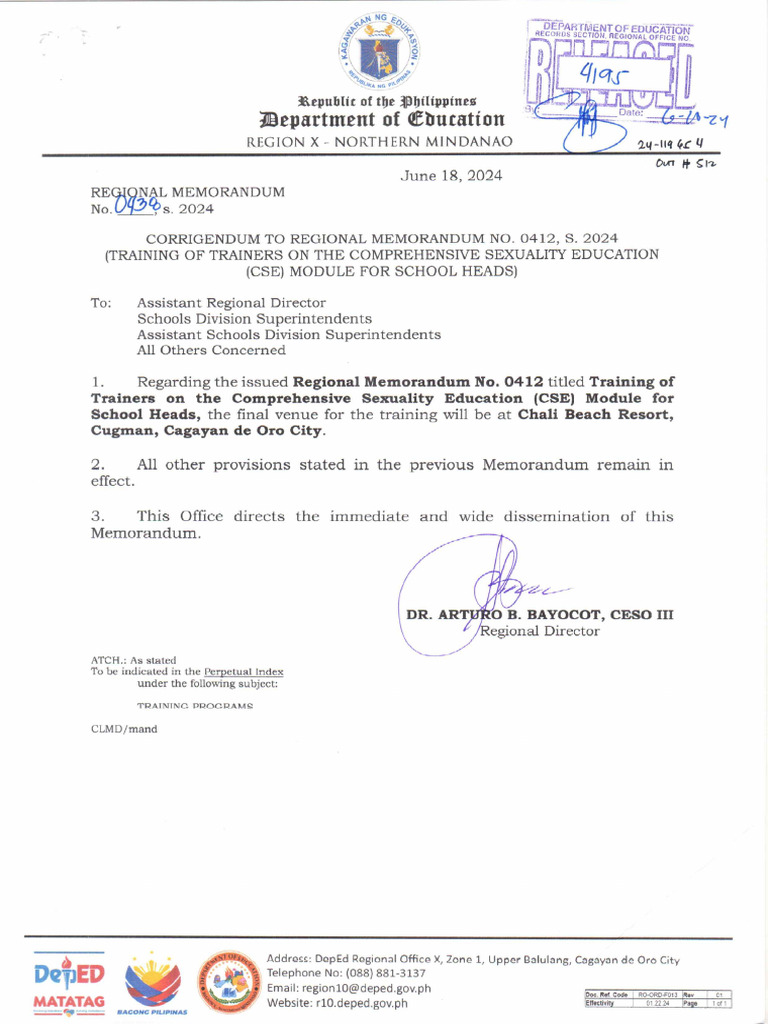RM - 438 - Corrigendum To Regional Memorandum No 412 s2024 | PDF