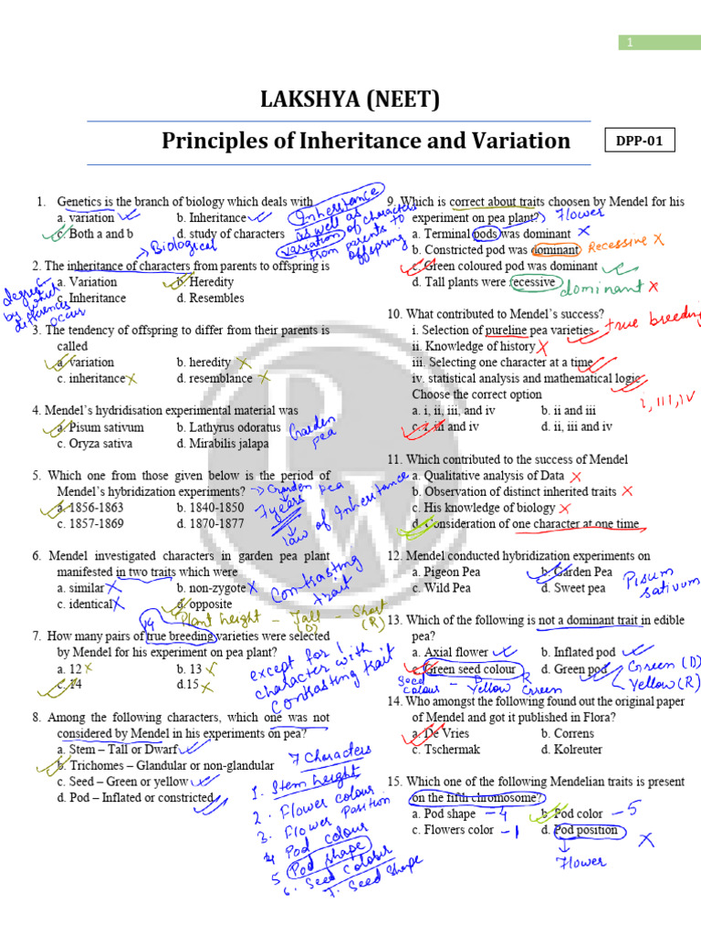 Principles of Inheritance and Variation DPP 01 Discussion Class | PDF ... Principles of Inheritance and Variation DPP 01 Discussion Class | PDF ...