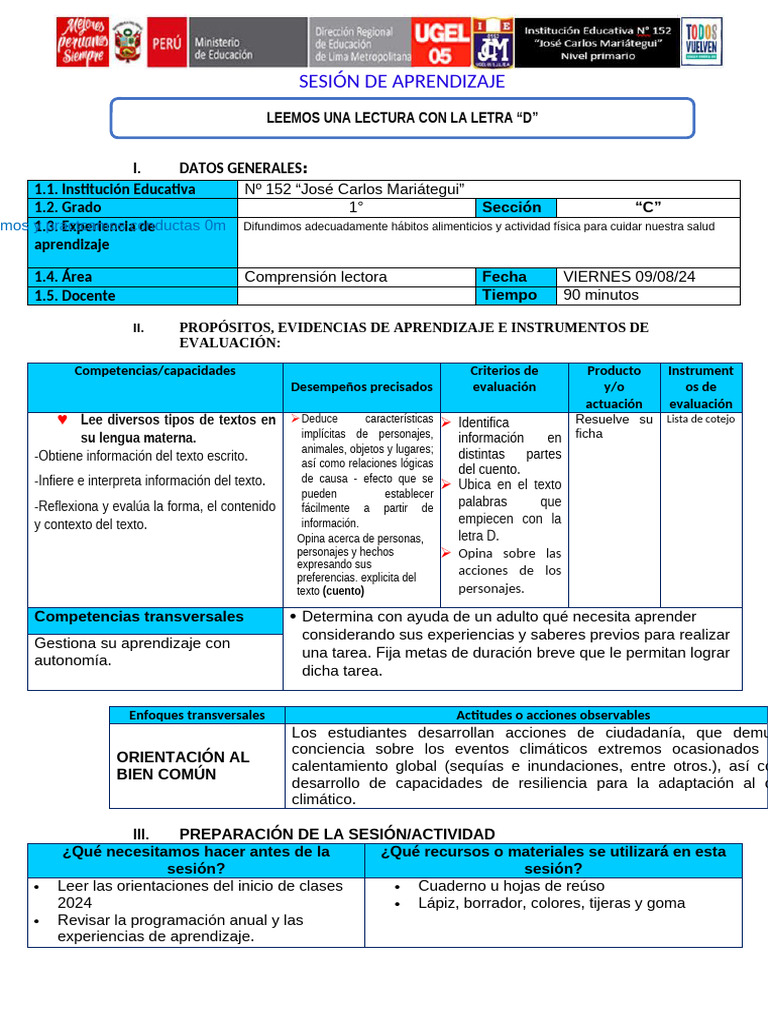 Sesión de Compresnsion Lectora - Leemos Una Lectura Con La Letra D - El ...
