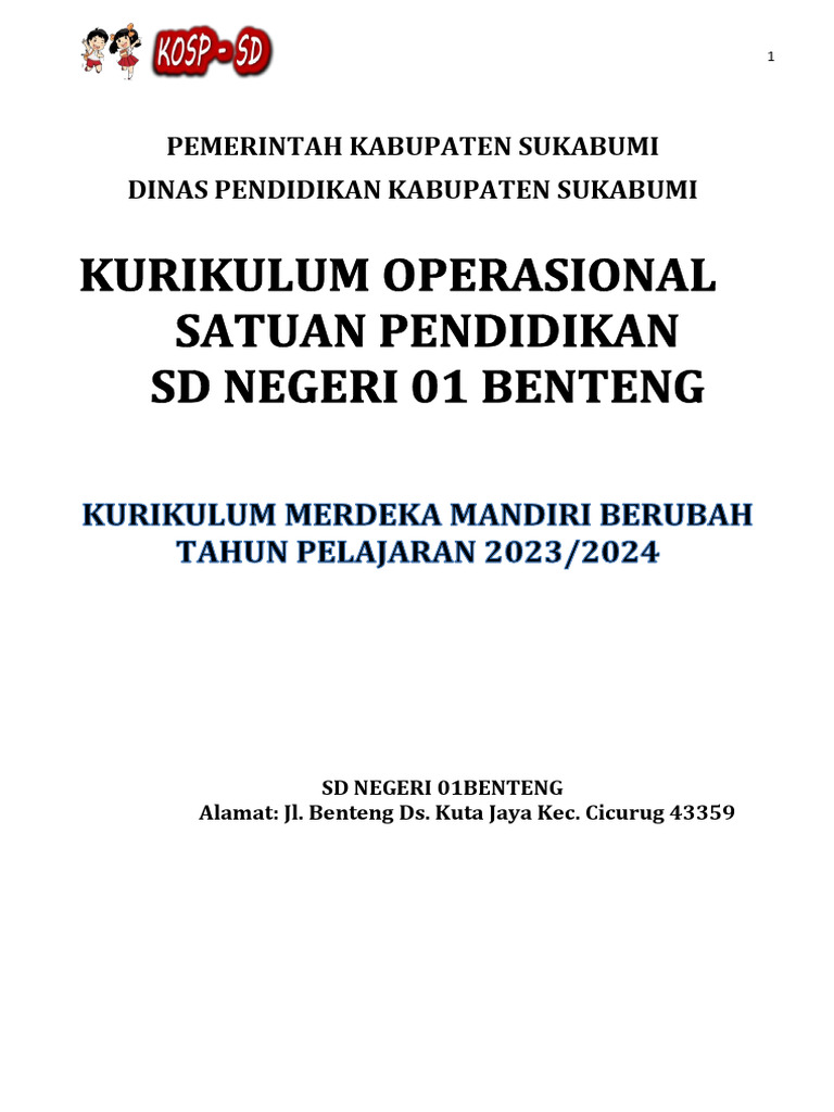 Dokumen 1 KOSP Kurikulum Merdeka Mandiri Berubah 2023-2024 Benteng | PDF